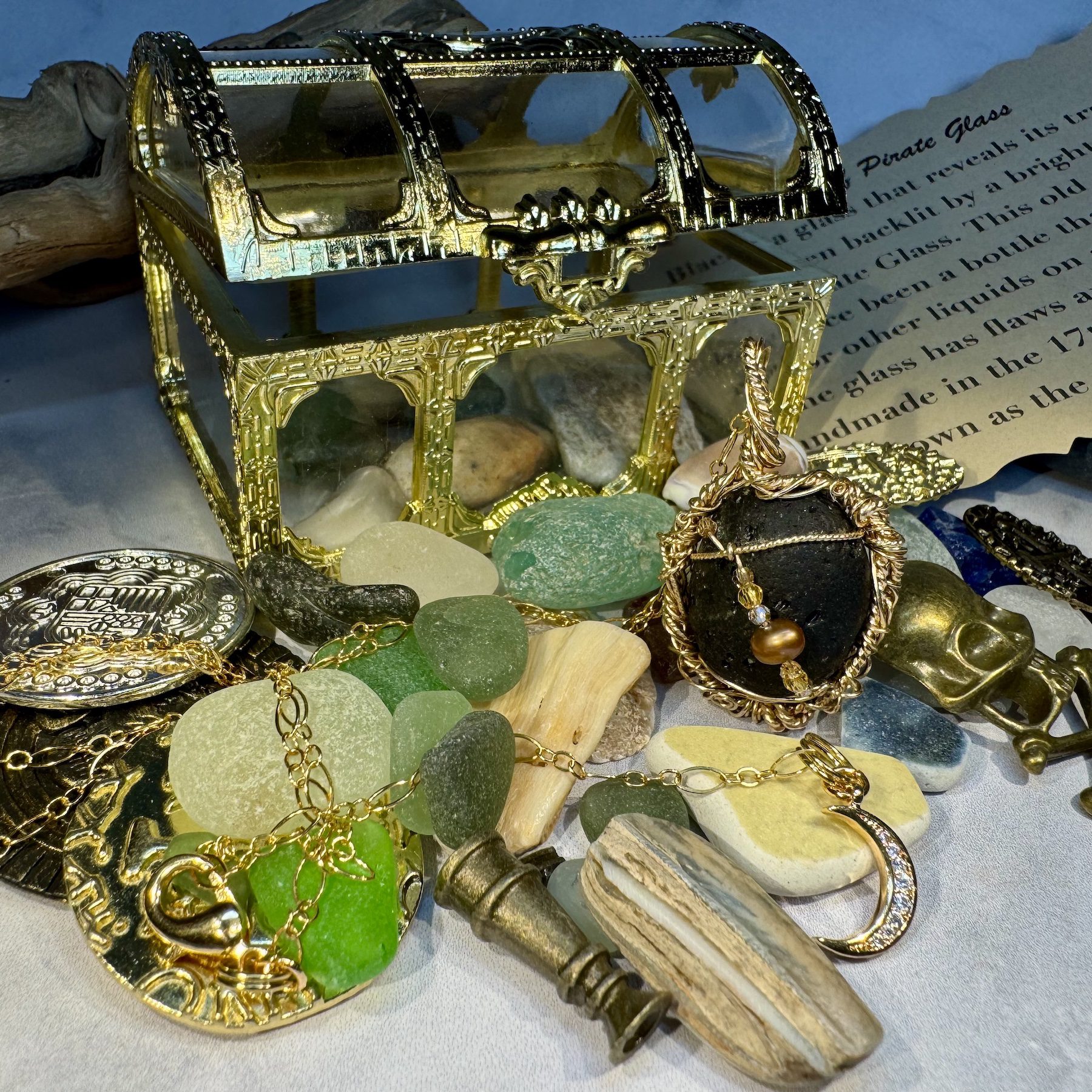 Historic Peach/Black Pirate Sea Glass Pendant & Treasure Chest ...